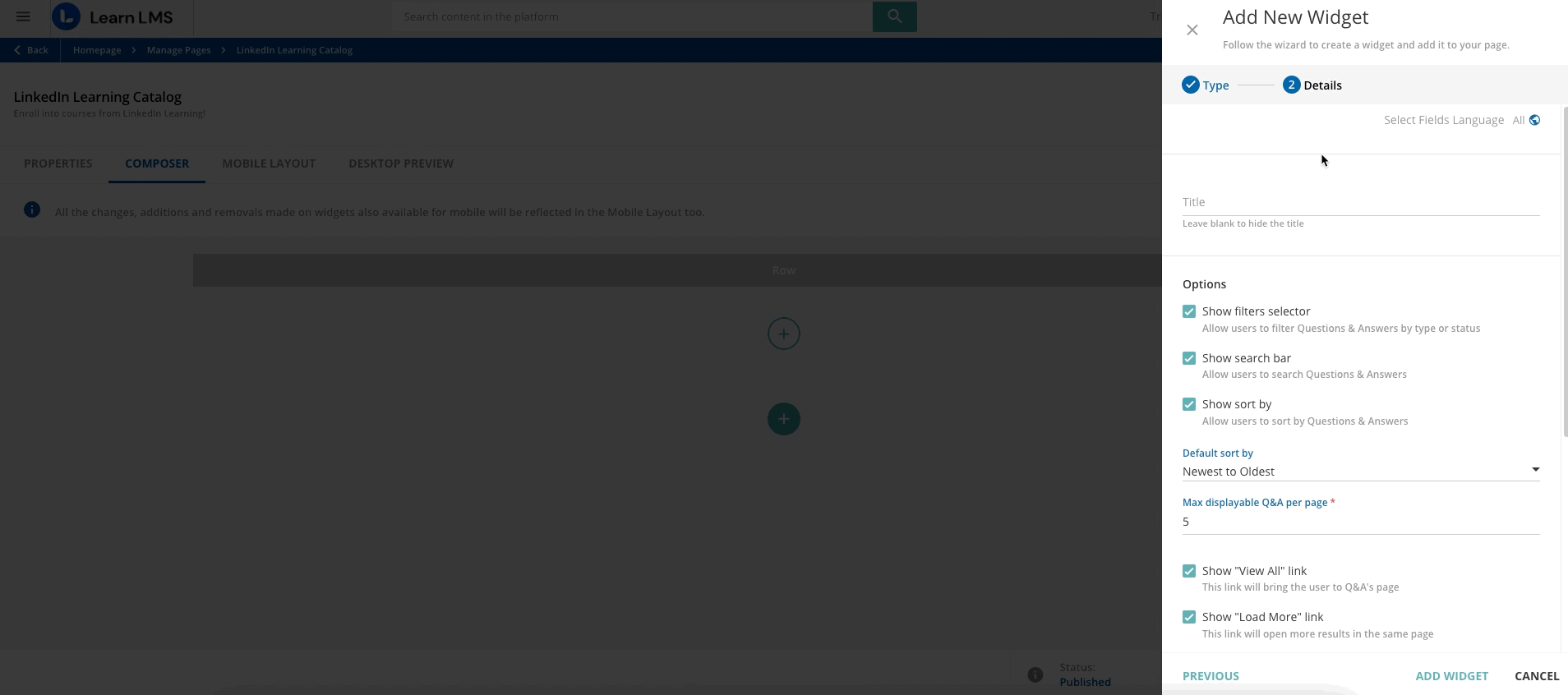 List of widgets for custom widget pages – Docebo Help & Support