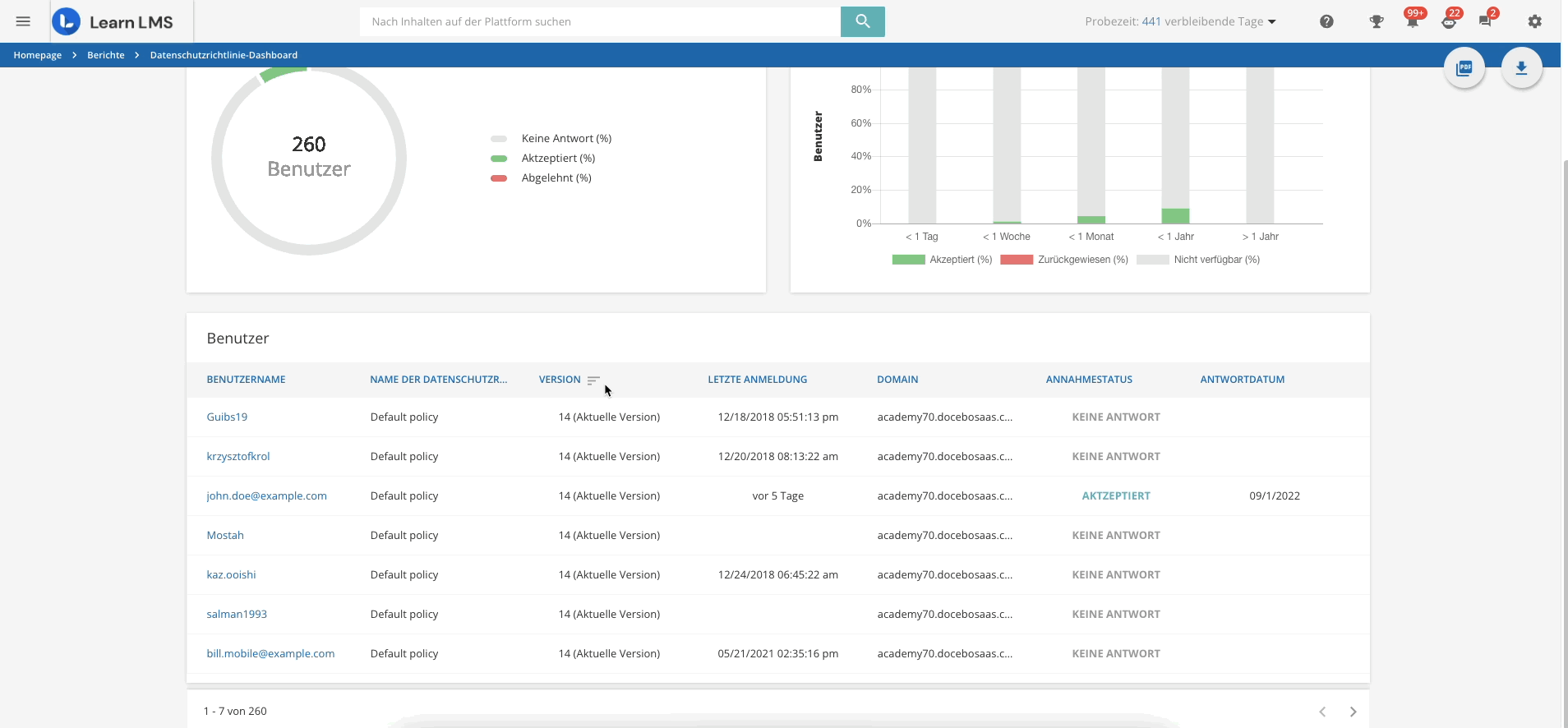 Navigieren im Datenschutzrichtlinie-Dashboard – Docebo Help & Support
